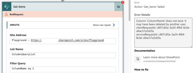 Why Does Power Automate Filter Query Fail Column Does Not Exist